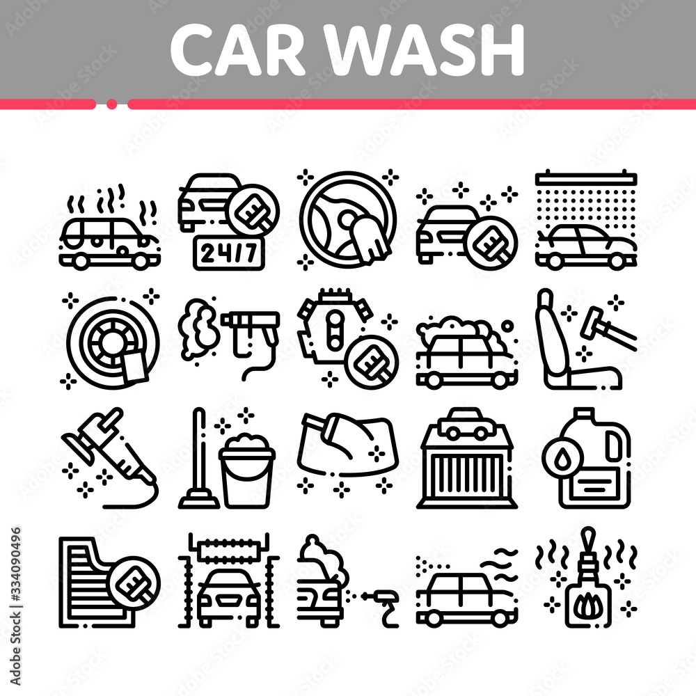 Car Wash Auto Service Collection Icons Set Vector. Automatical Car Wash ...