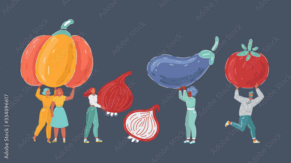 Vector illustration of tiny people with big vegetables. Cooking ...
