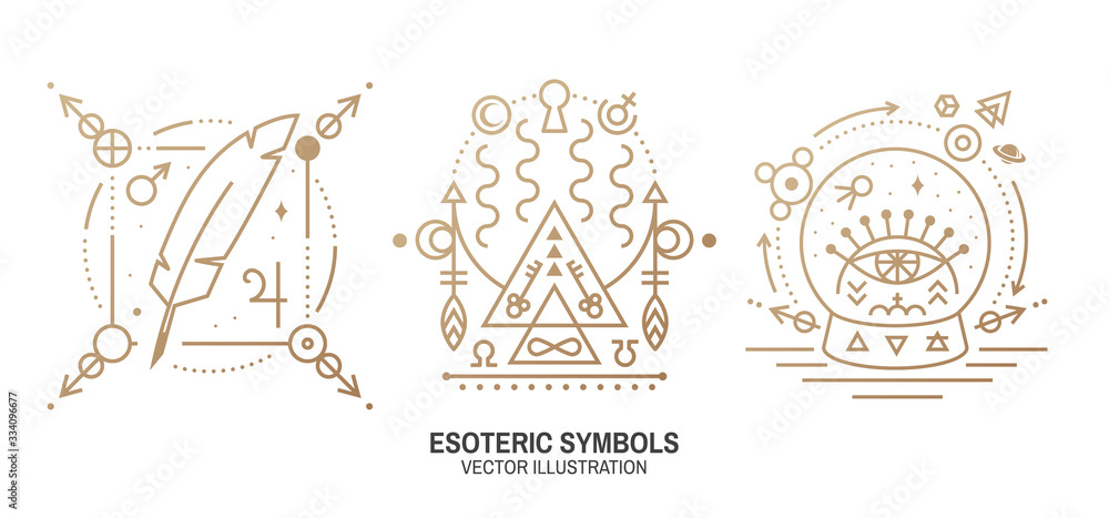 Esoteric symbols. Vector. Thin line geometric badge. Outline icon for ...