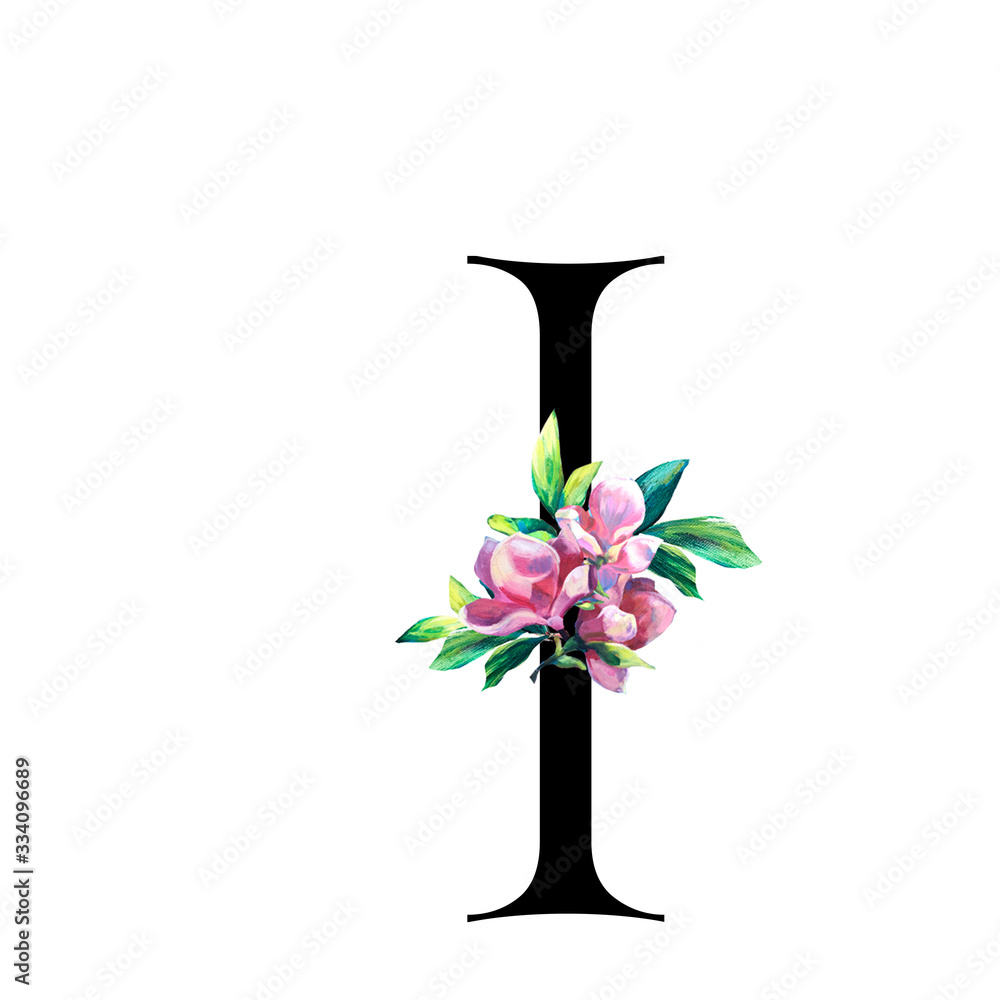 Floral Letter with hand painted pink flowers and leaves. . Elegant ...