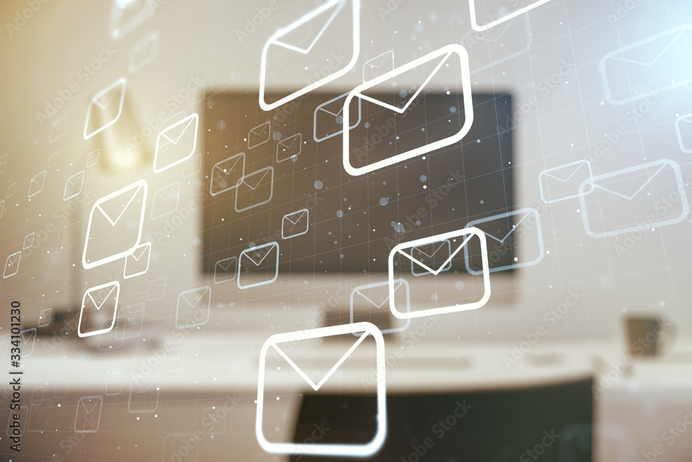 Creative abstract postal envelopes sketch on modern laptop background ...