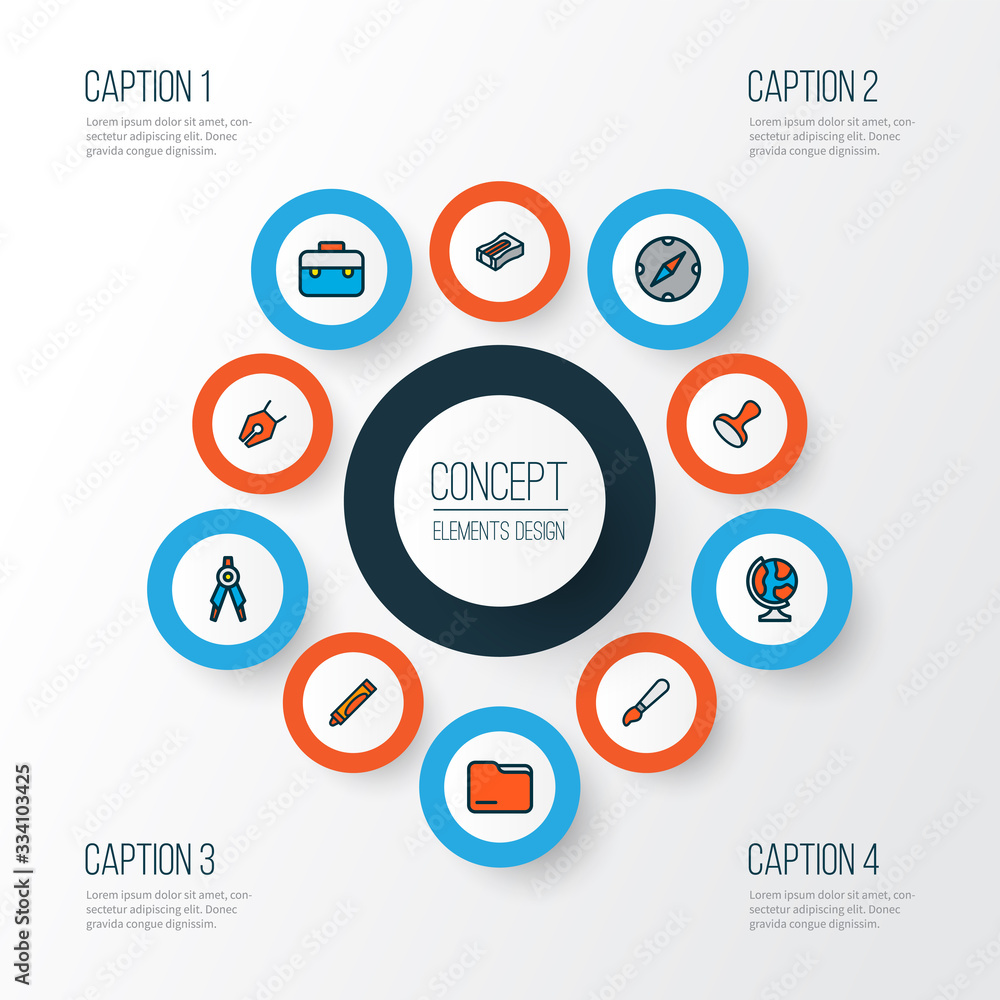 Instrument icons colored line set with case, globe, vector pencil and ...