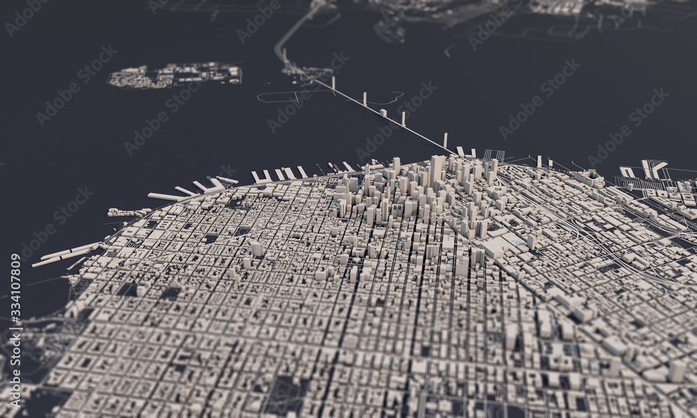 San Francisco city map 3D Rendering. Aerial satellite view. Stock ...