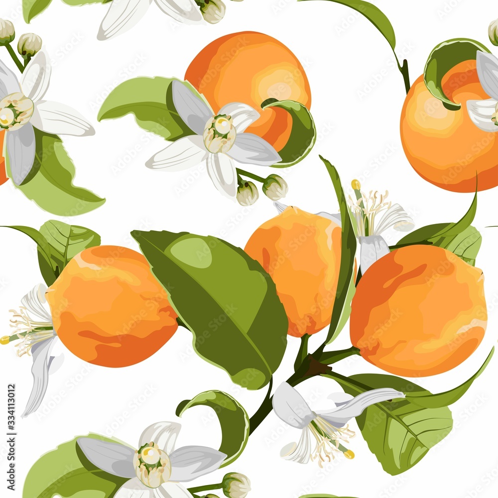 Citrus seamless pattern with orange fruit branch with flowers ...