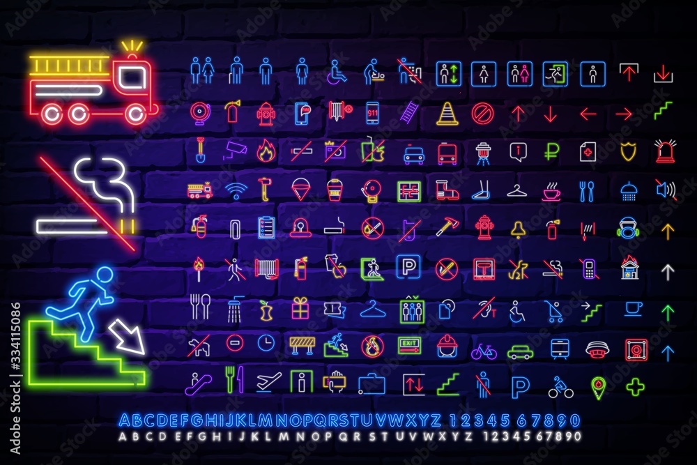 Set of neon safety signs. Firefighting neon icons. Set of firefighting ...