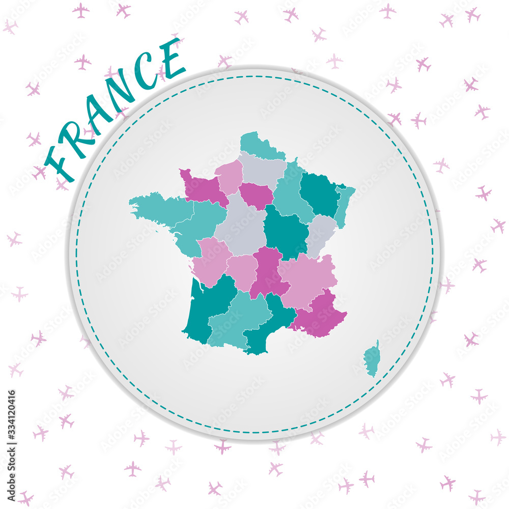 France map design. Map of the country with regions in emerald-amethyst ...