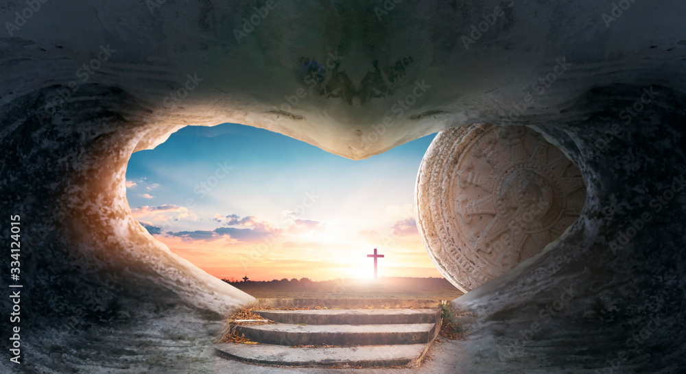 Easter concept: Empty Tomb Of Jesus Christ At Sunrise With Cross ...