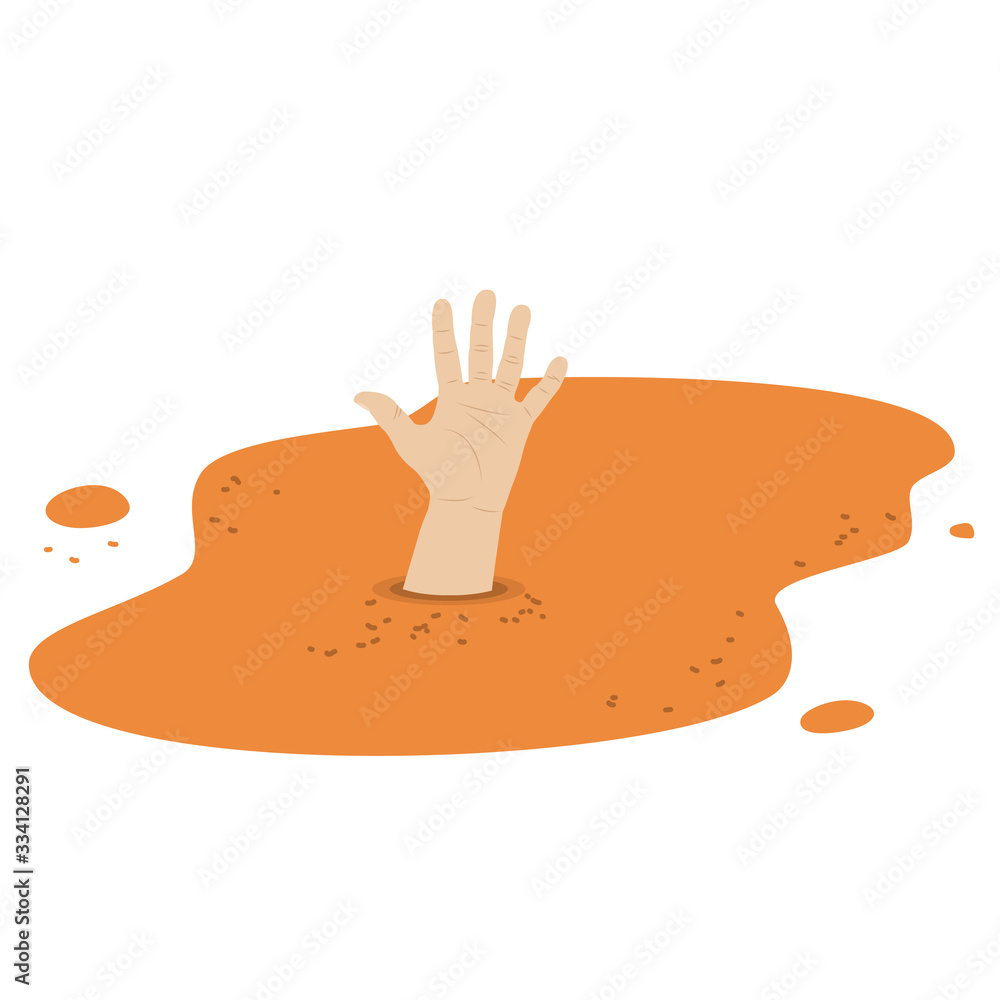 Human hand in quicksand vector cartoon illustration isolated on a white ...