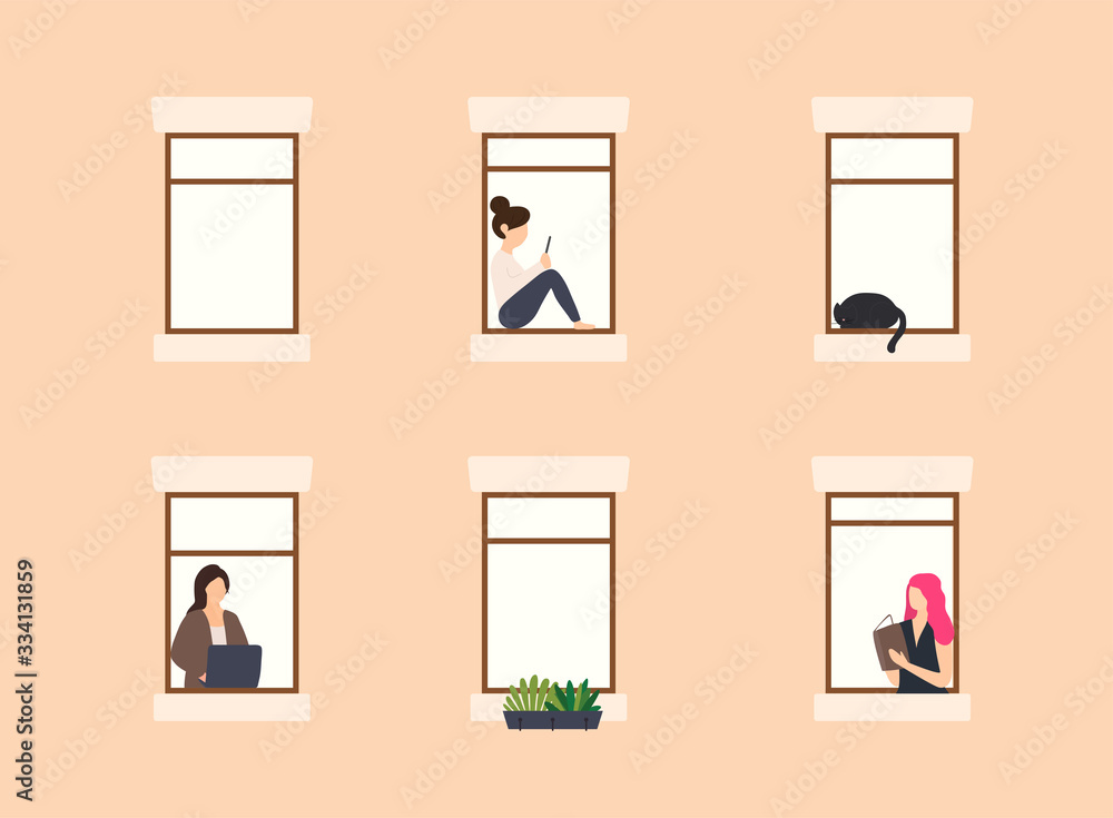 People in window frames. Neighbors people character. Exterior of ...
