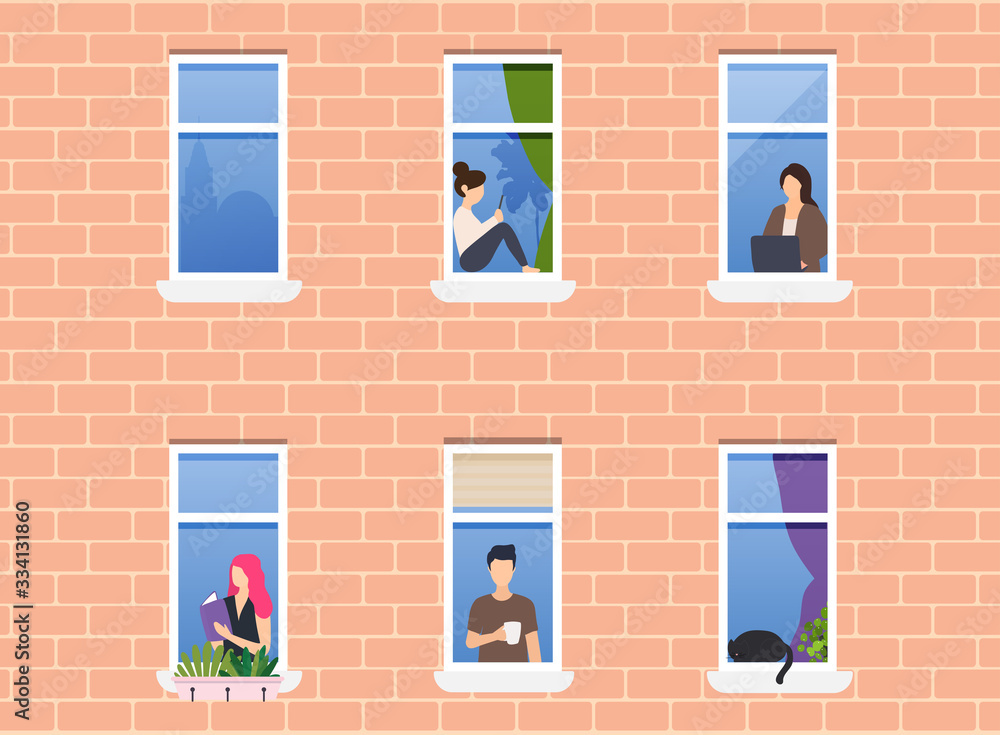 People in window frames. Neighbors people character. Exterior of ...