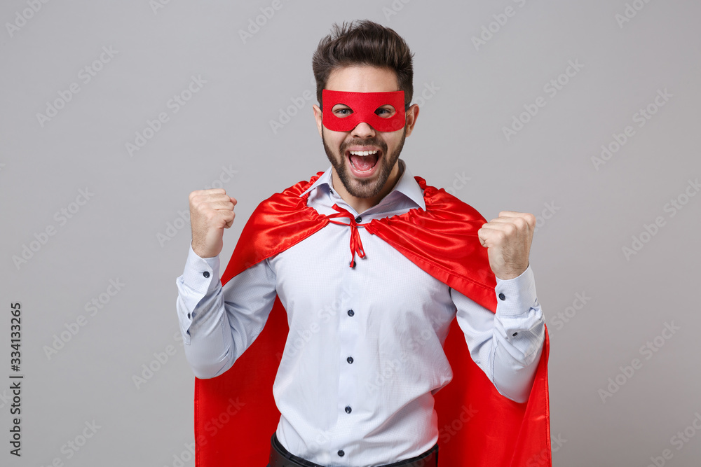 Overjoyed powerful business man in shirt superhero suit have ...