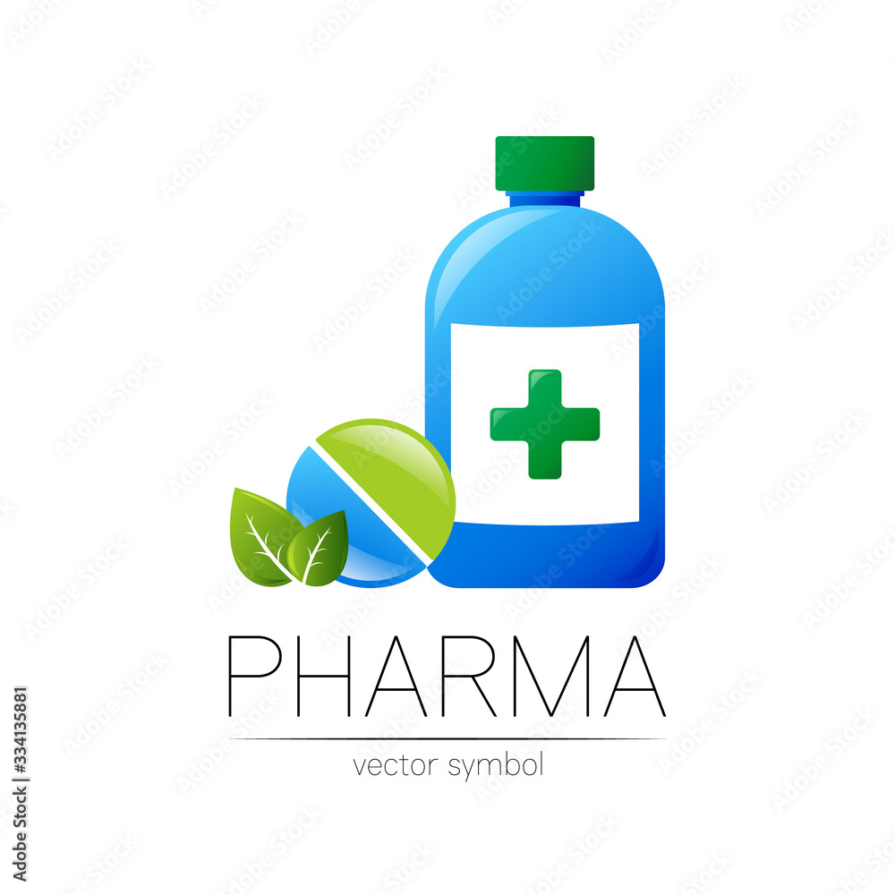 Pharmacy vector symbol of blue bottle with green cross and pill tablet ...
