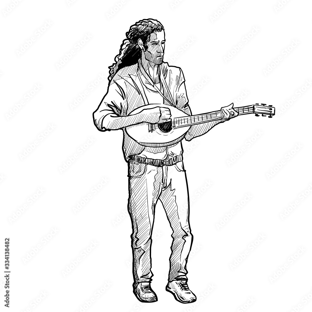 Young white man with long hair playing mandolin. Full body front view ...