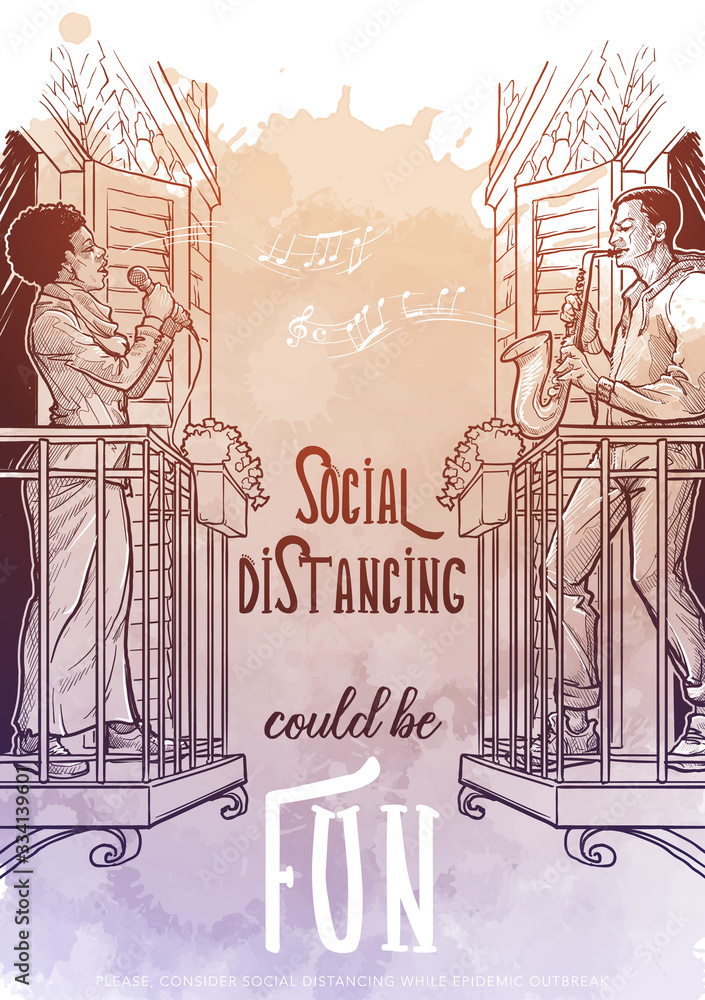 Young black woman singing and young white man playing saxophone ...