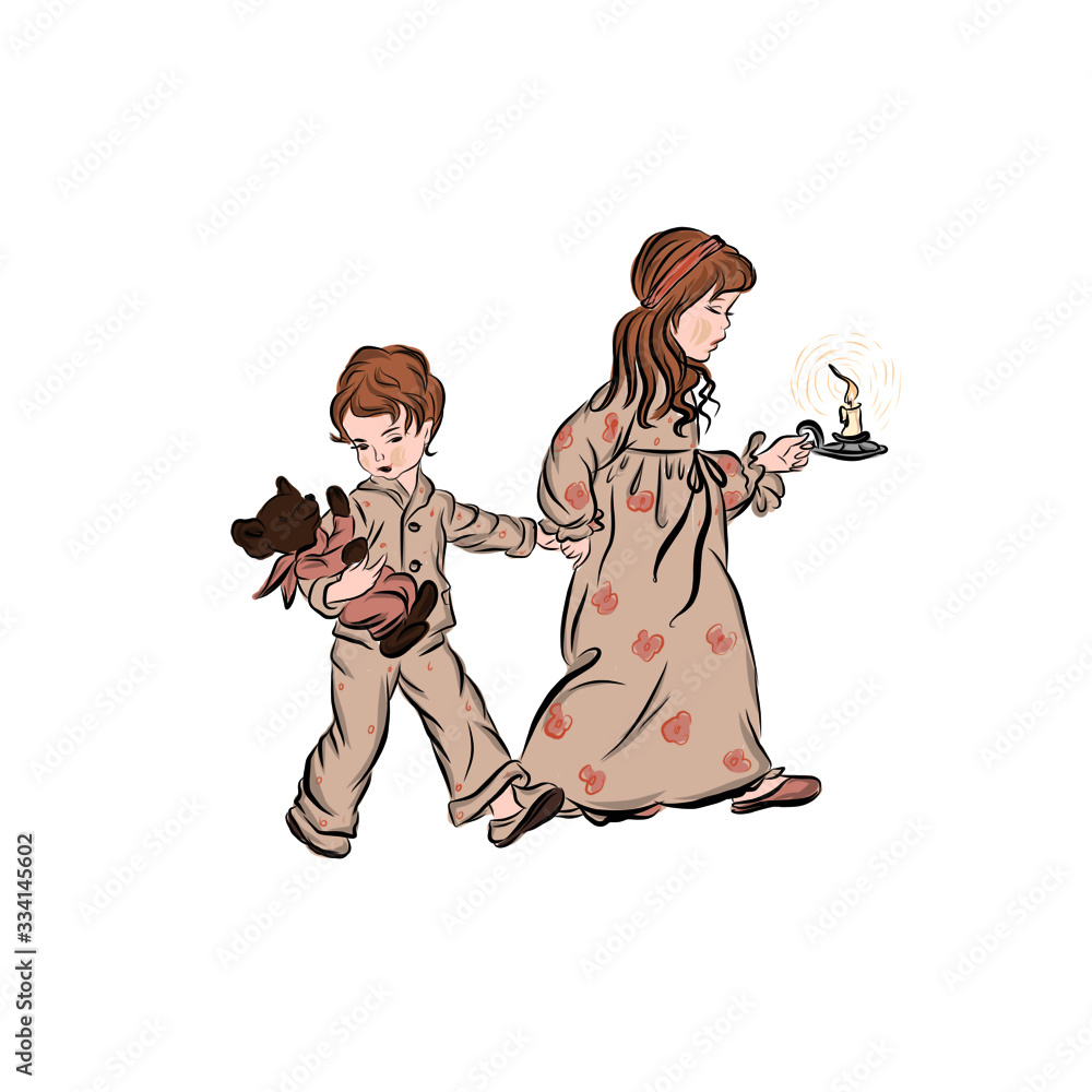 Brother and sister in pajamas go to sleep. Boy holding teddy bear, girl ...