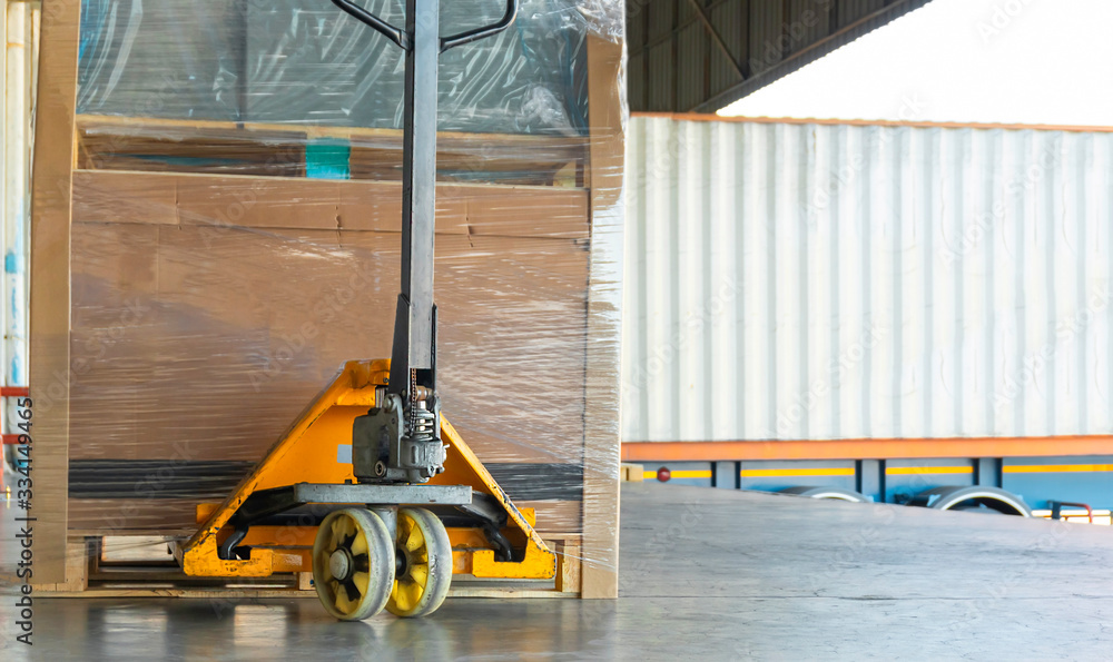 Cargo Boxes Pallets Loading with Shipping Cargo Container. Trucks ...