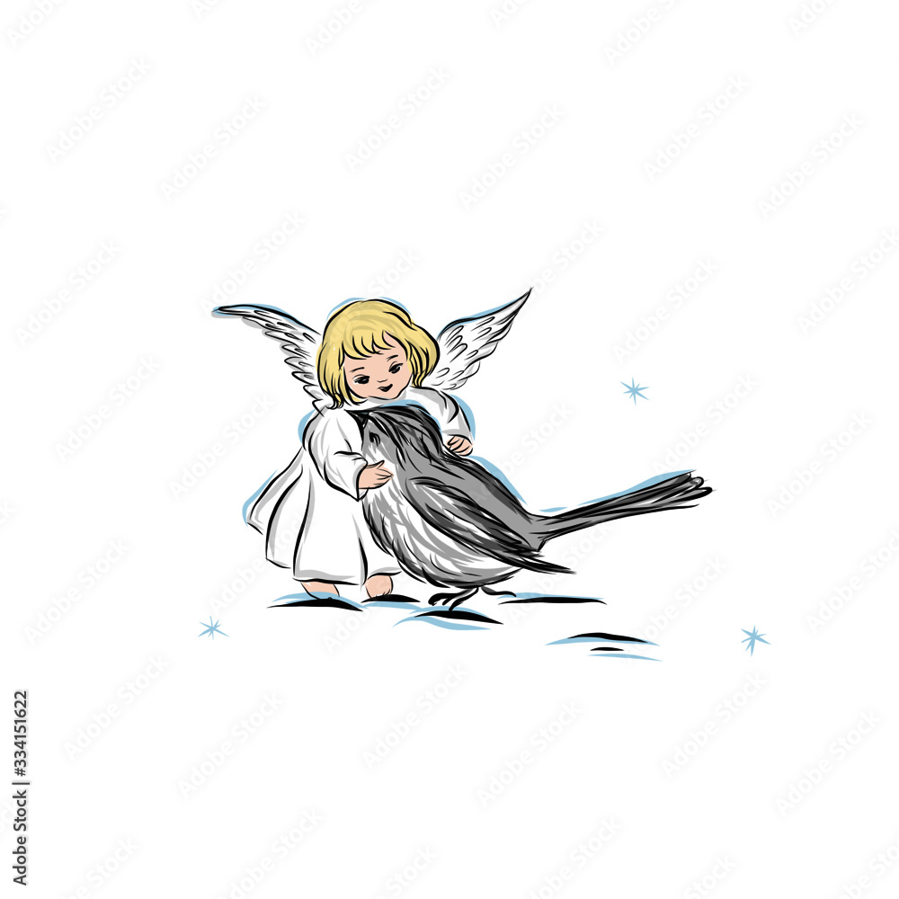 Baby angel with bird. Biblical heavenly symbol of man with wings. Decor ...
