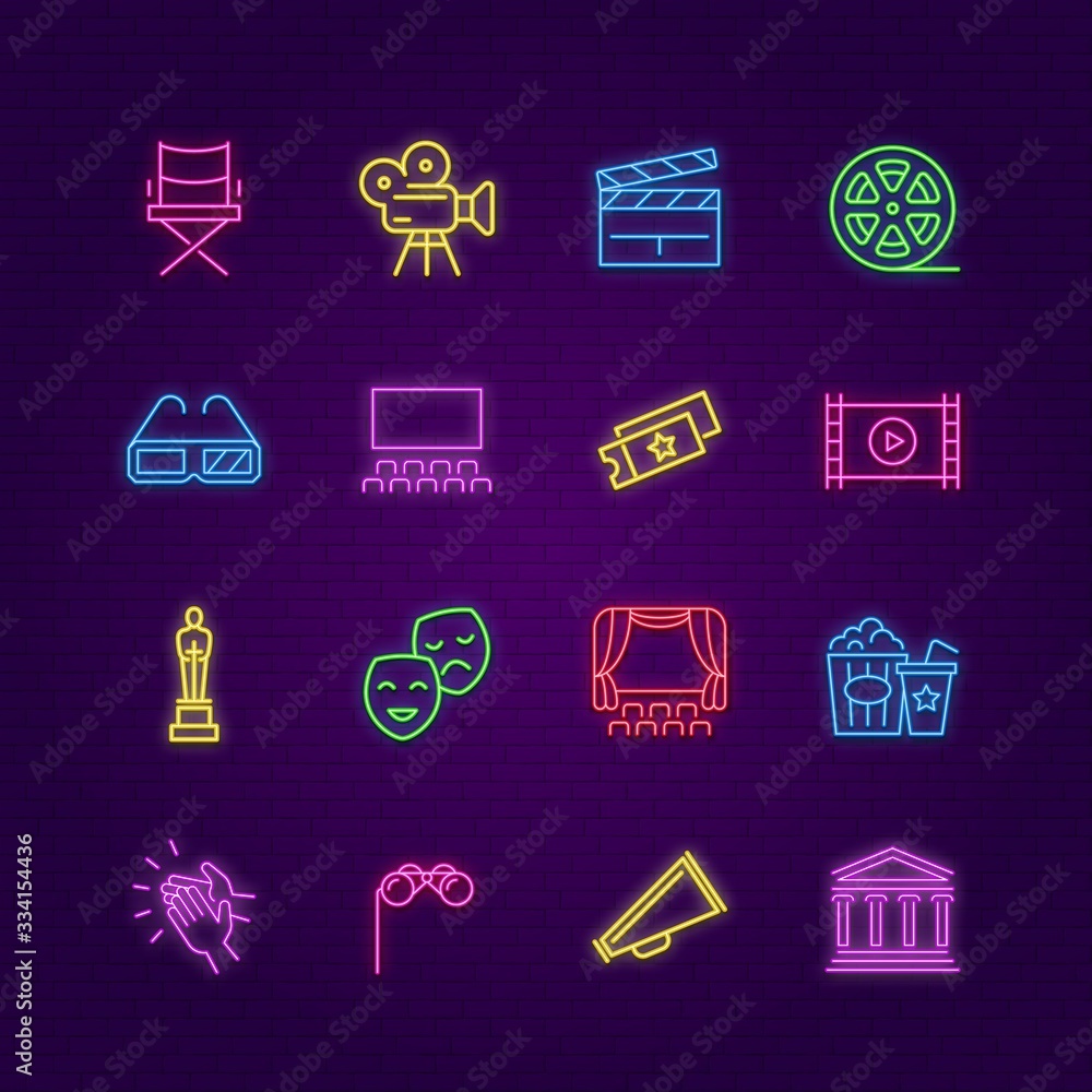 Cinema icons. Neon entertaiment colorful symbols. Led outdoor signs or ...
