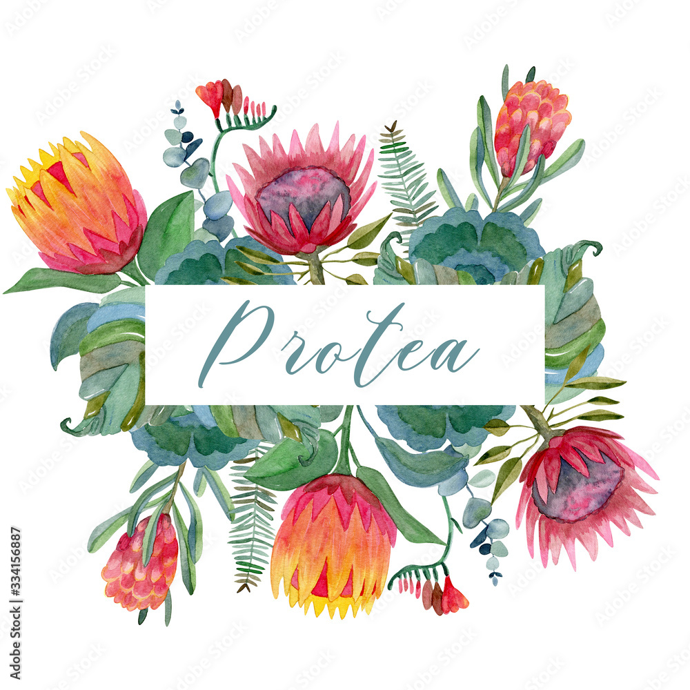 Watercolor floral frame card. Hand painted border with branches, leaves ...
