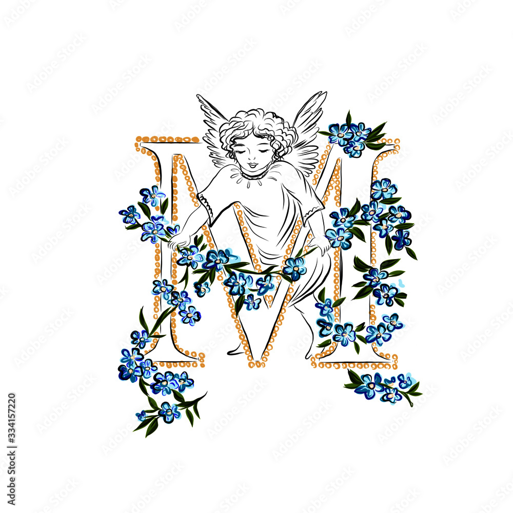 Angel with letter M. Biblical heavenly symbol of man with wings. Decor ...