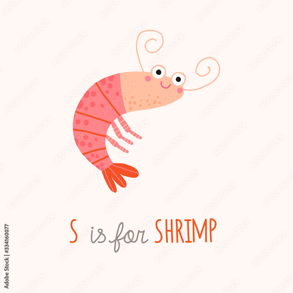 Cute shrimp cartoon smiling. Cartoon clipart10 hand drawn illustration ...