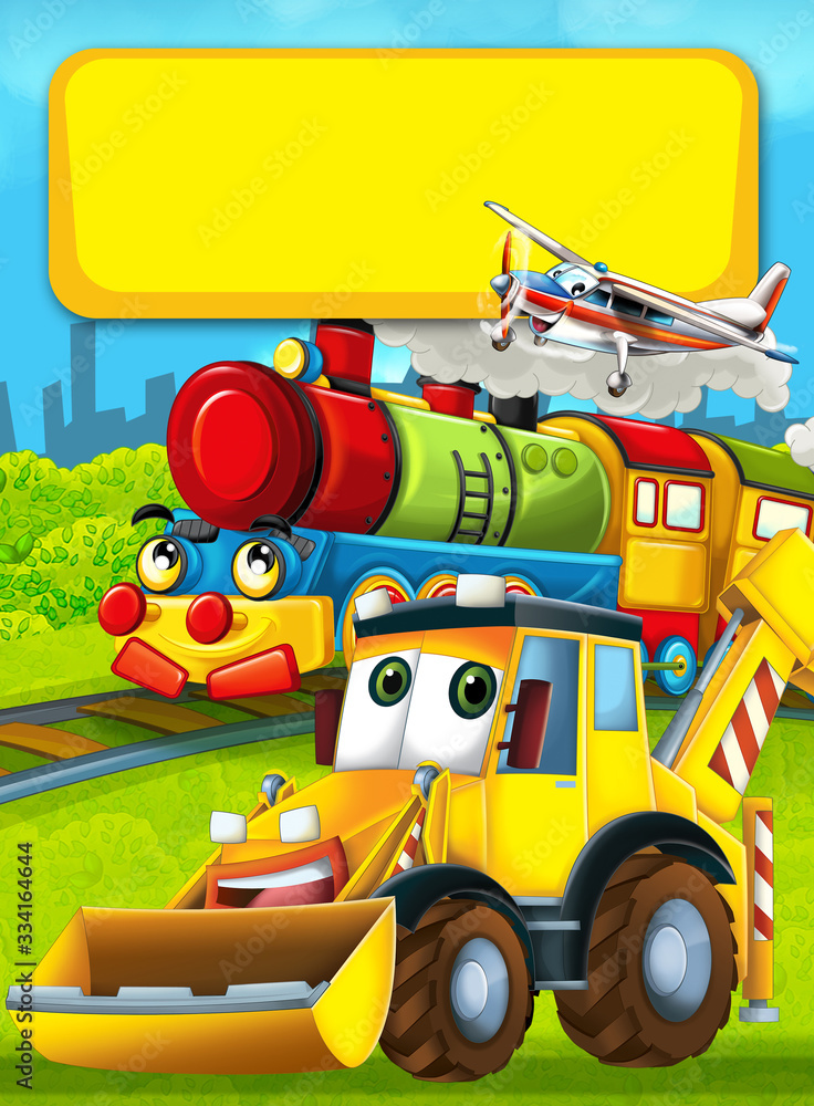 Cartoon funny looking train on the train station near the city and ...