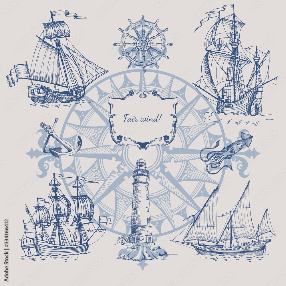 Set of decorative elements for the design of an old geographical map ...
