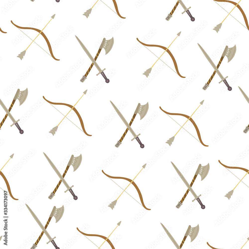 Seamless pattern with a medieval sword, a battle ax, a bow and an arrow ...