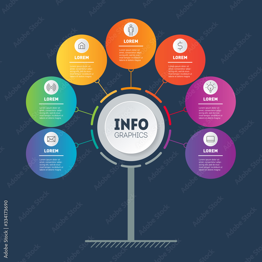 Business presentation concept with 7 options. Template of tree, chart ...