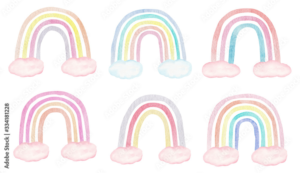 Watercolor clipart illustration of rainbows and clouds in pastel color ...