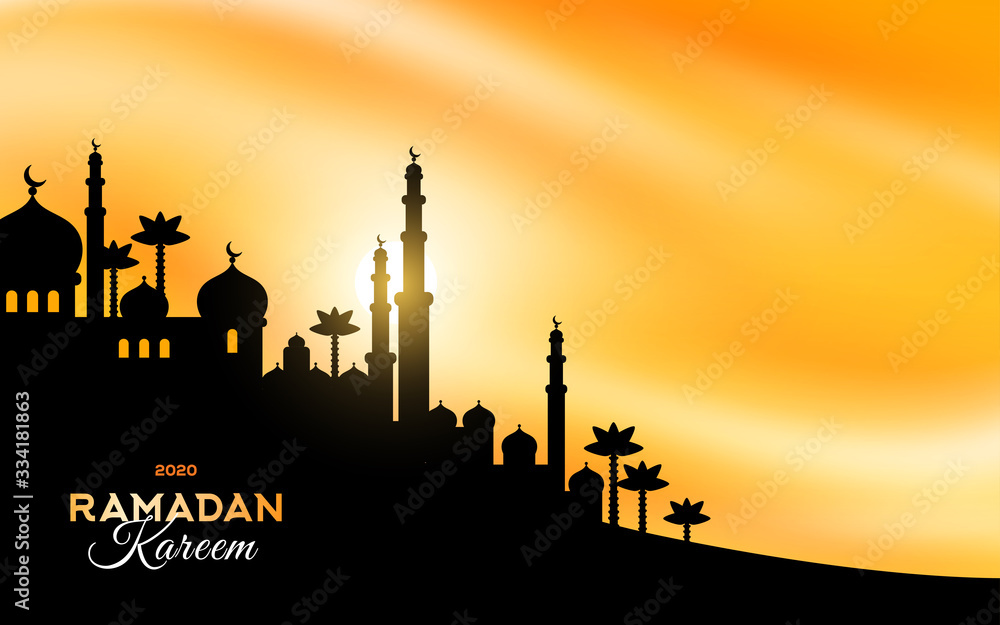 Arabian city silhouette at sunset, vector illustration. Ramadan Kareem ...
