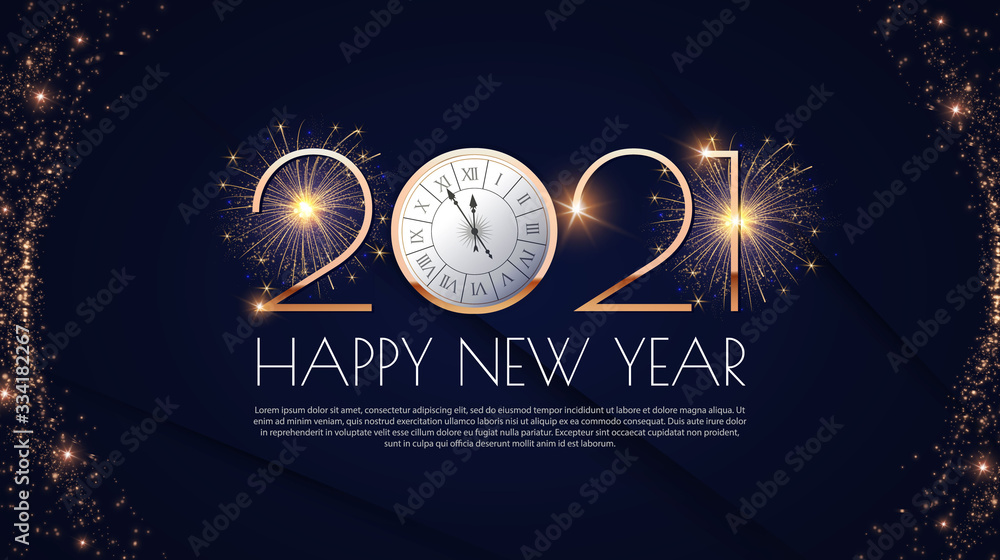 Happy new 2021 year Elegant gold text with fireworks, clock and light ...