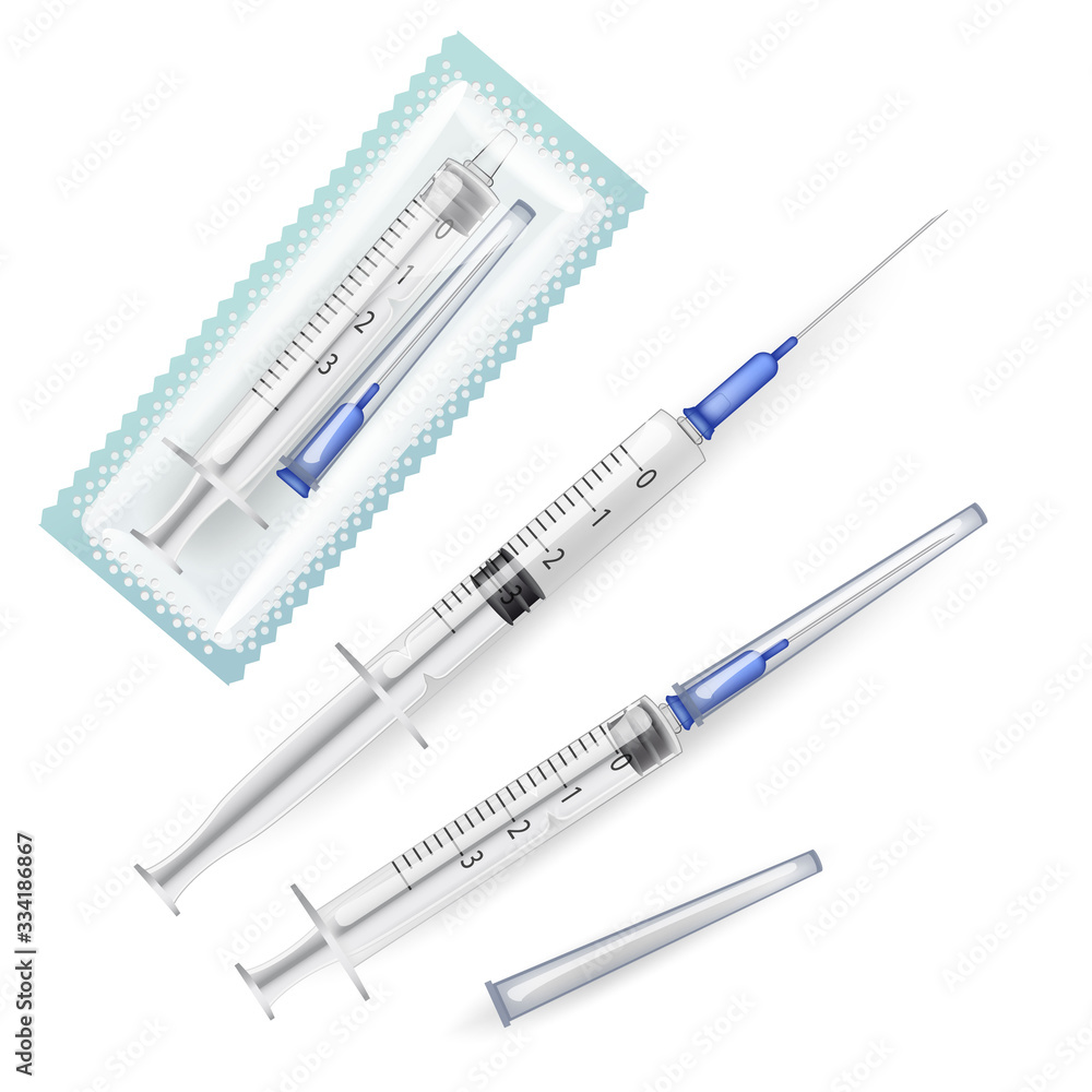 set of medical syringe with needle, with packaged, realistic sketch ...