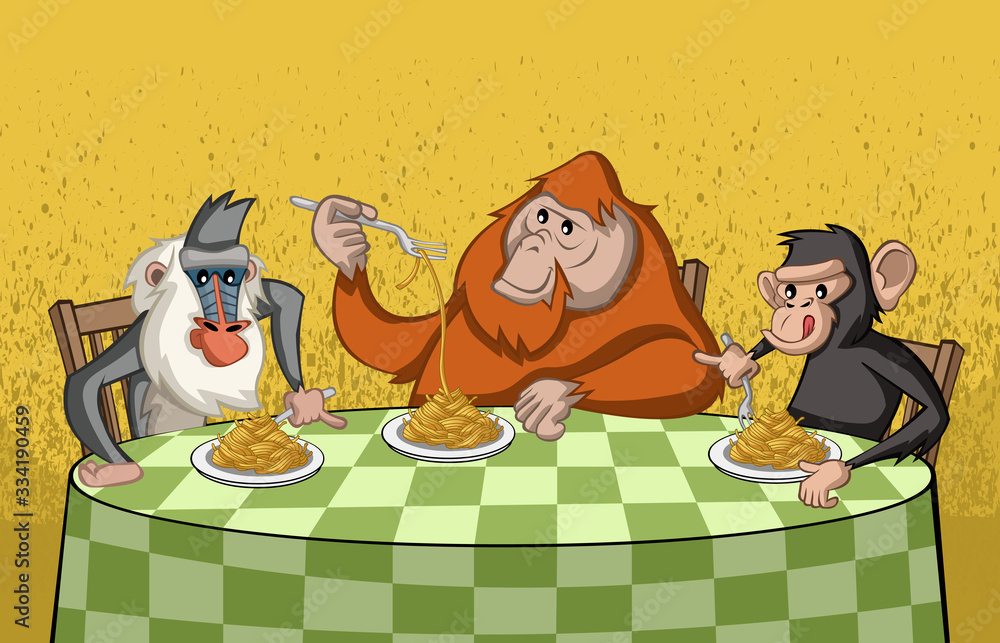 Cartoon monkeys eating spaghetti on restaurant table. Vector ...