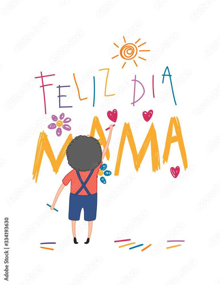 Card, banner with cute cartoon boy drawing with crayons, Spanish text ...