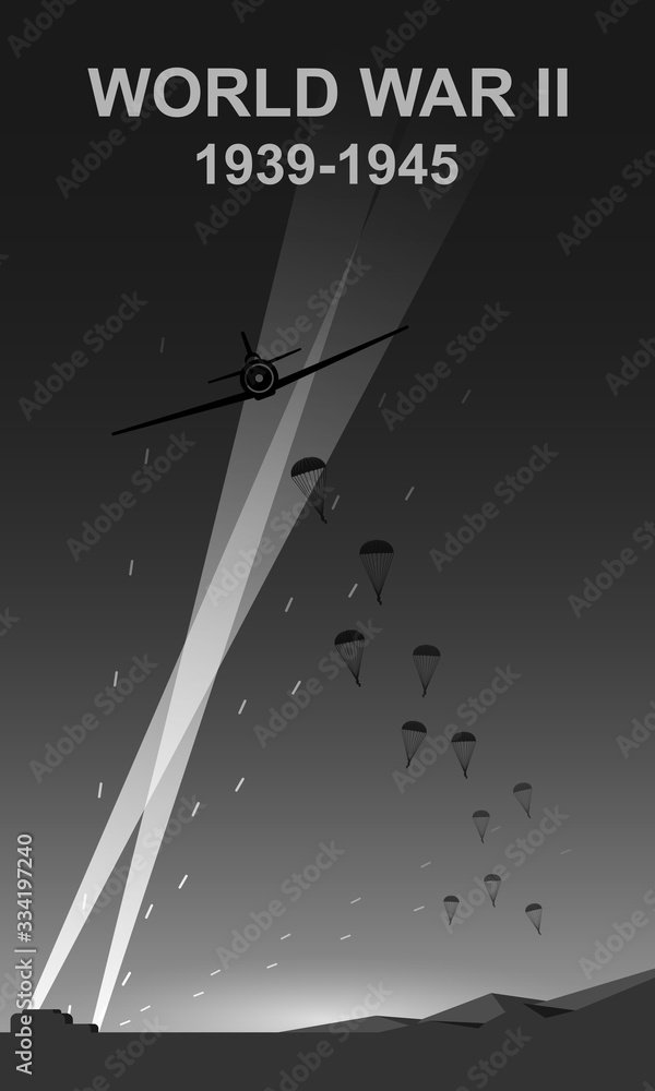 World War II 1939-1945 black and white vector illustration. Paratrooper ...