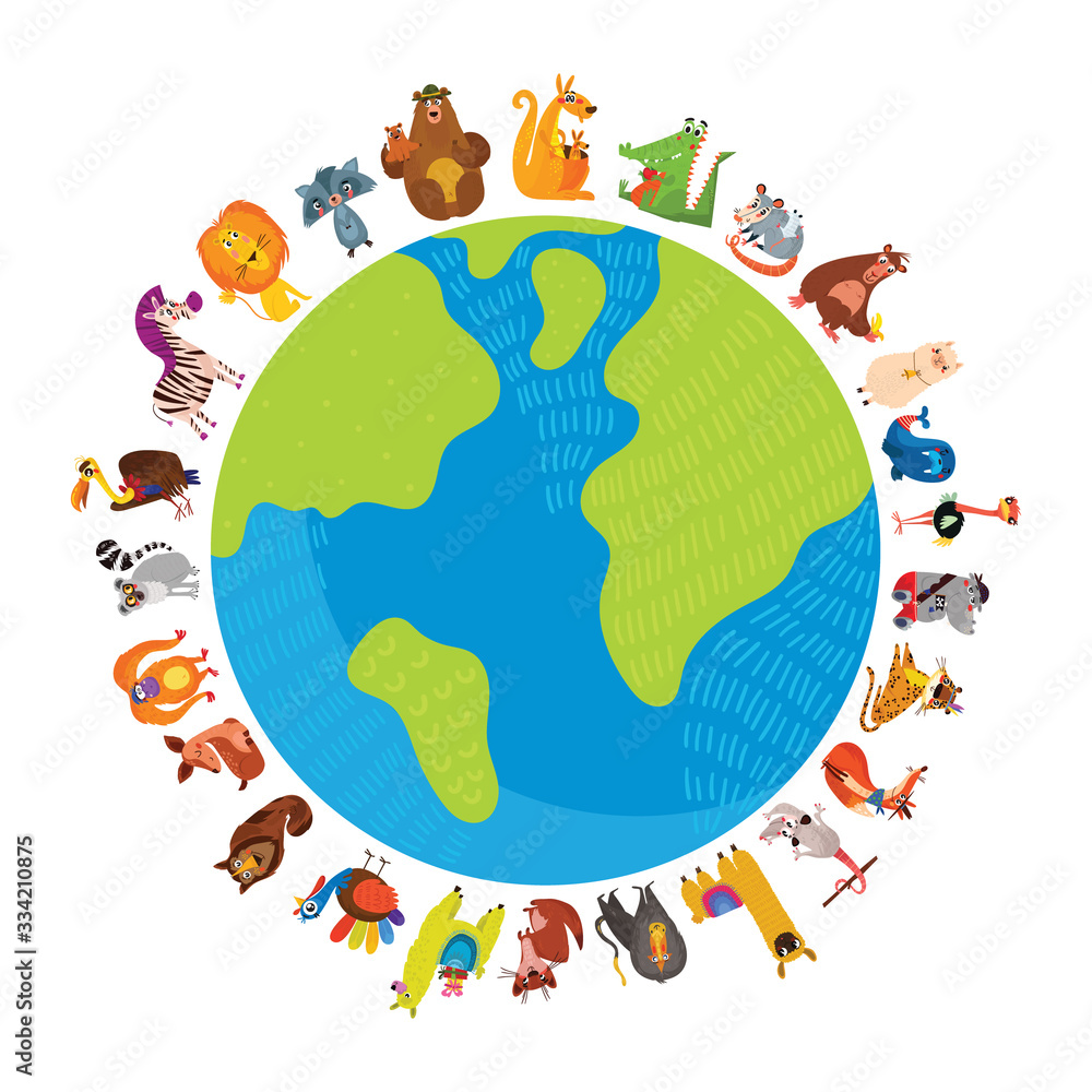 World animal day. Cartoon Earth postcard with cute wildlife animals ...