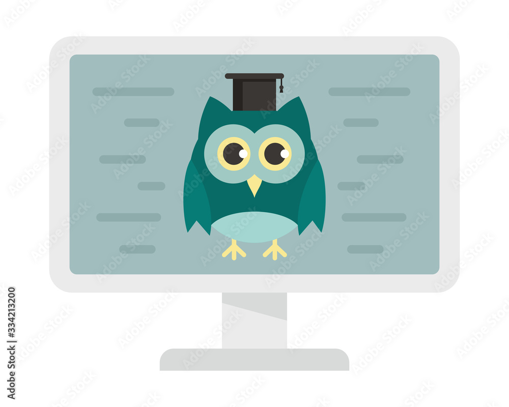 Distance learning. Vector illustration with monitor and wise owl ...