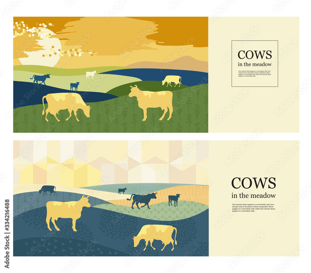 Horizontal backgrounds. Cows in the pasture. Silhouettes of cows. Set ...