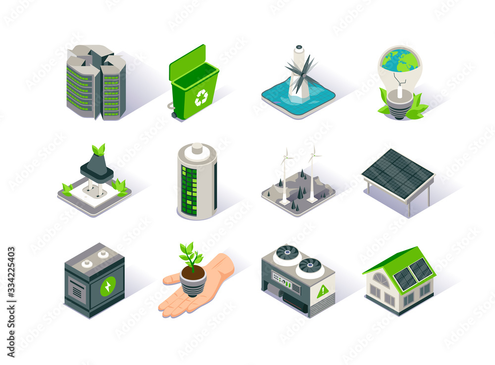 Clean energy isometric icon set. Ecology environment and electricity ...