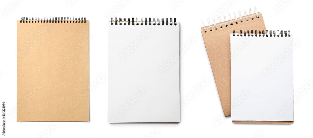 Set of different notebooks on white background, top view. Banner design ...