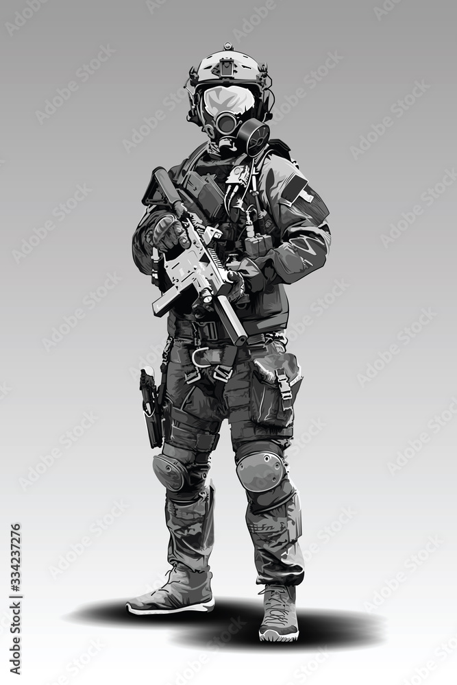 Vector Policeman Tactical Shoot Illustration. Armed police military ...