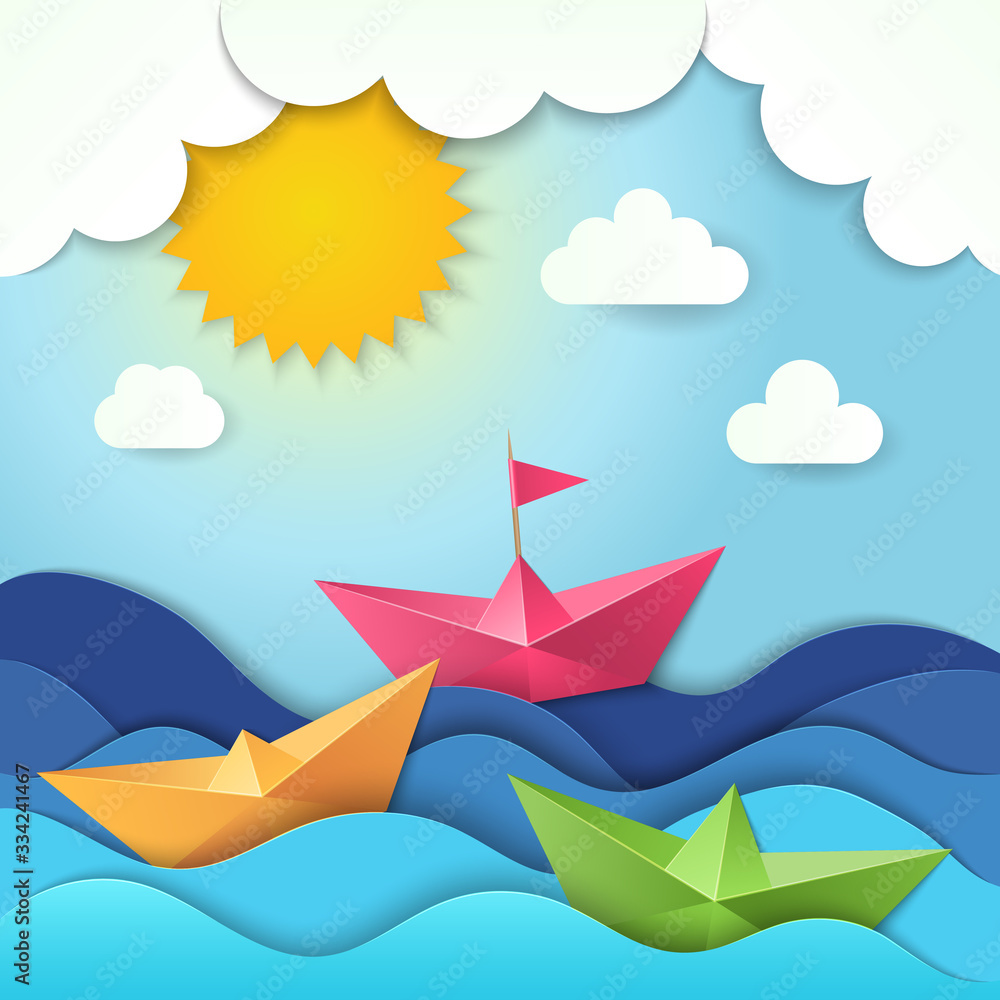 Origami boat. Cut paper ocean waves shadows vector ship stylized ...