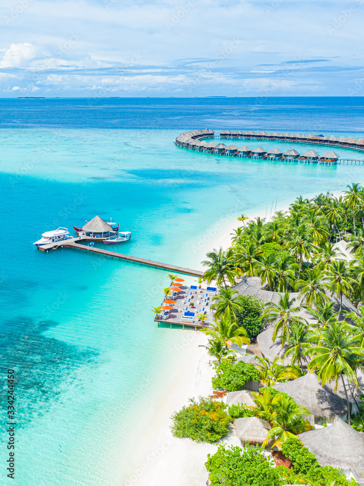 Aerial landscape of Maldives beach. Tropical panorama, luxury water ...