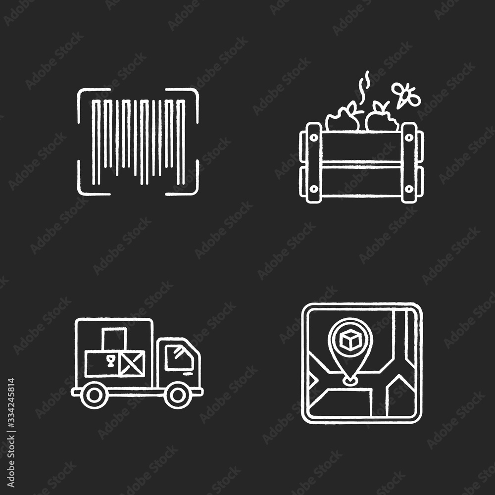 Goods availability and quality control chalk white icons set on black ...