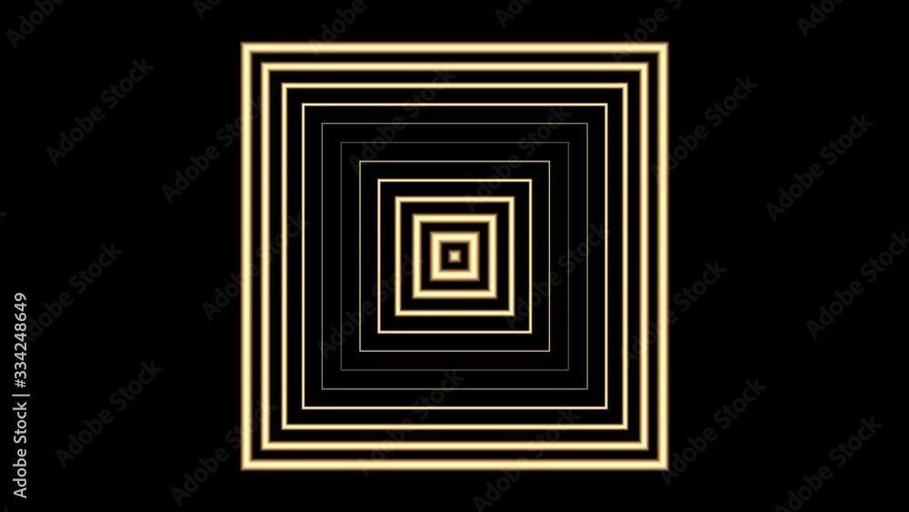 Abstract CGI motion background with collapsing/expanding metallic golden concentric shapes on ...