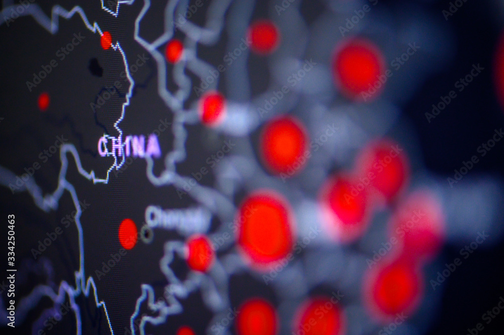 China . Coronavirus COVID-19 global cases Map. Red Point showing the ...