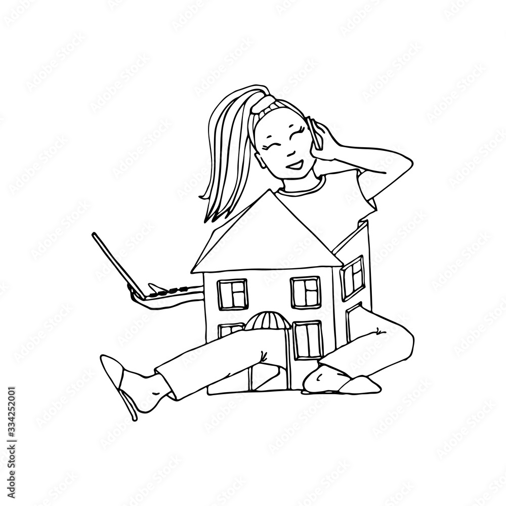 Girl working from home or remotely in house with phone and laptop. Hand ...