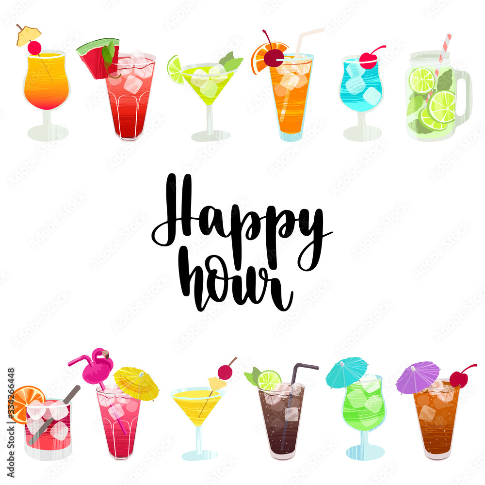 Happy Hour. Handwritten lettering quote and hand drawn glasses with ...