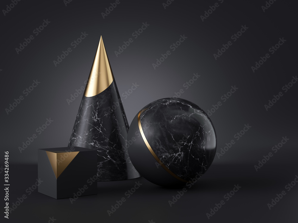 3d abstract primitive shapes isolated on black background, marble and ...
